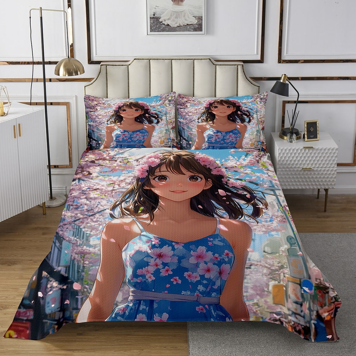 Erosebridal Anime Quilt Sets for King Size Bed, Cherry Blossoms Bed Set ...