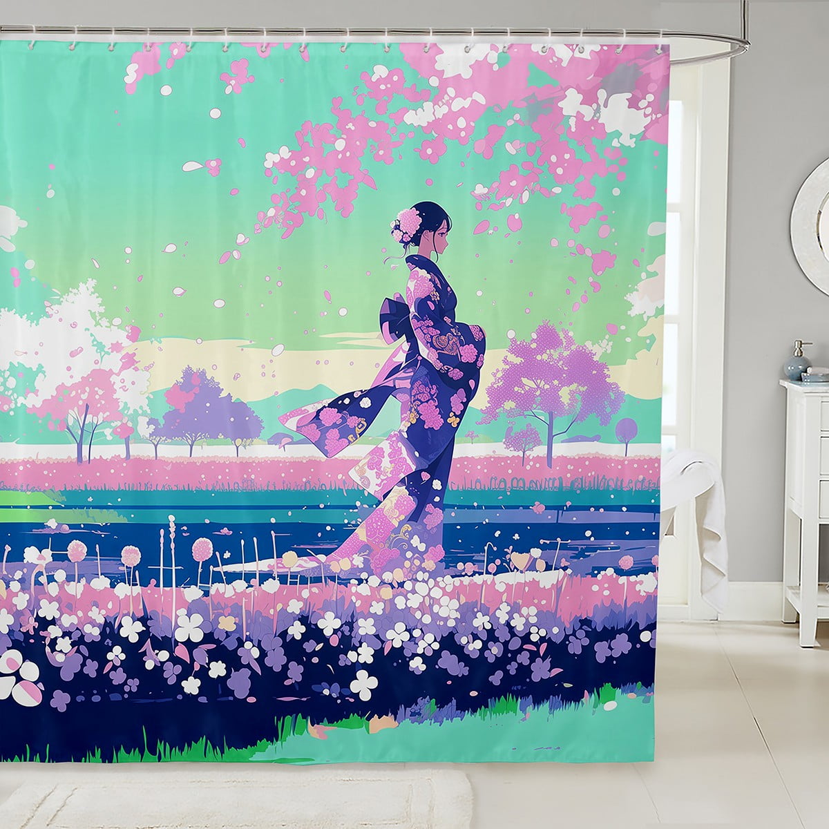 Erosebridal Anime Shower Curtain Set,Pink Cherry Blossom Bathroom Decor ...