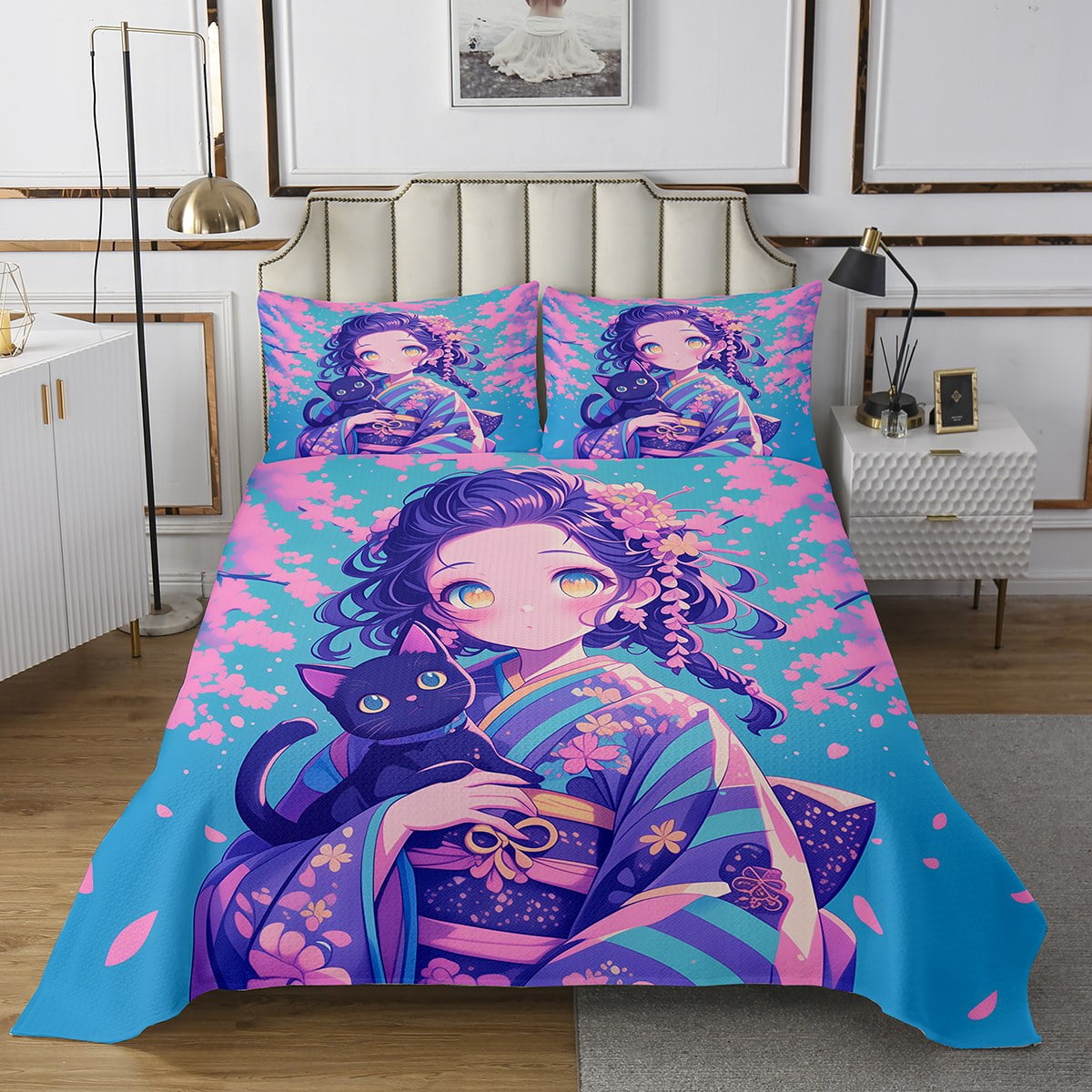 Erosebridal Anime Twin Bedding Set,Pink Cherry Blossom Quilt Set Anime ...