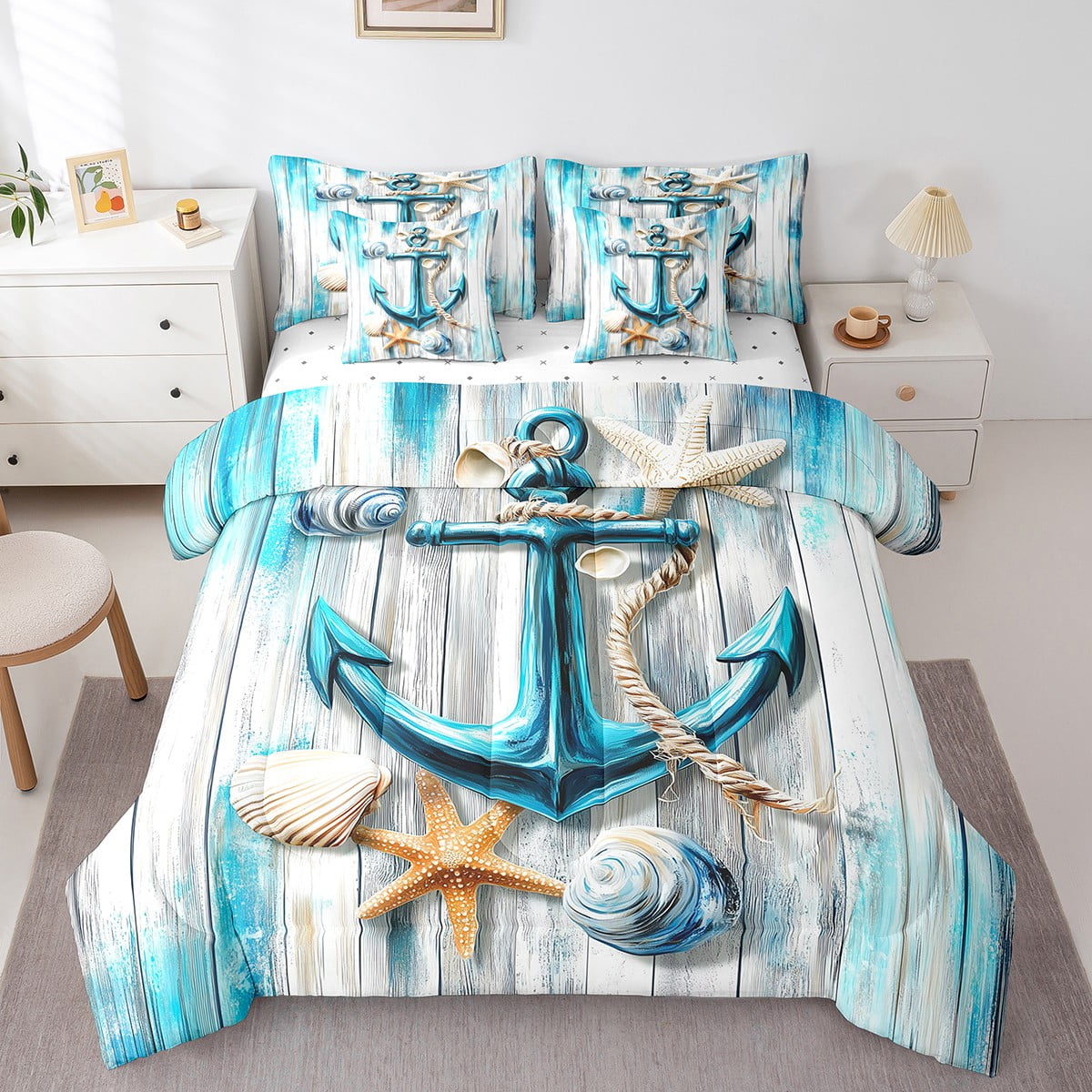 Erosebridal Aqua Anchor Bedding Sets King Size, Starfish Seashell ...