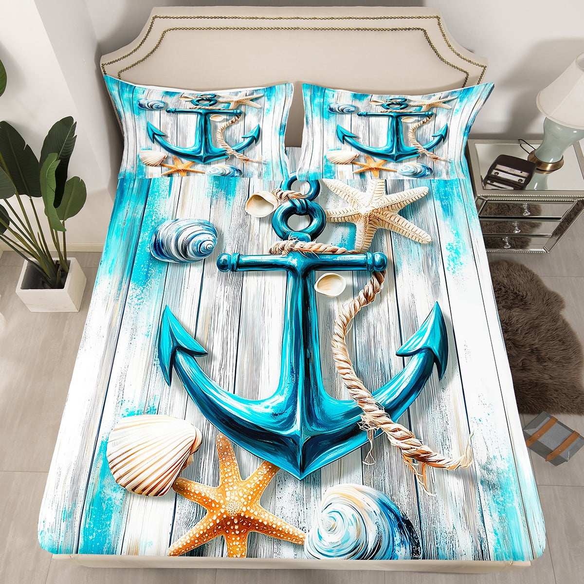 Erosebridal Aqua Anchor Fitted Sheet Set Twin, Starfish Seashell ...
