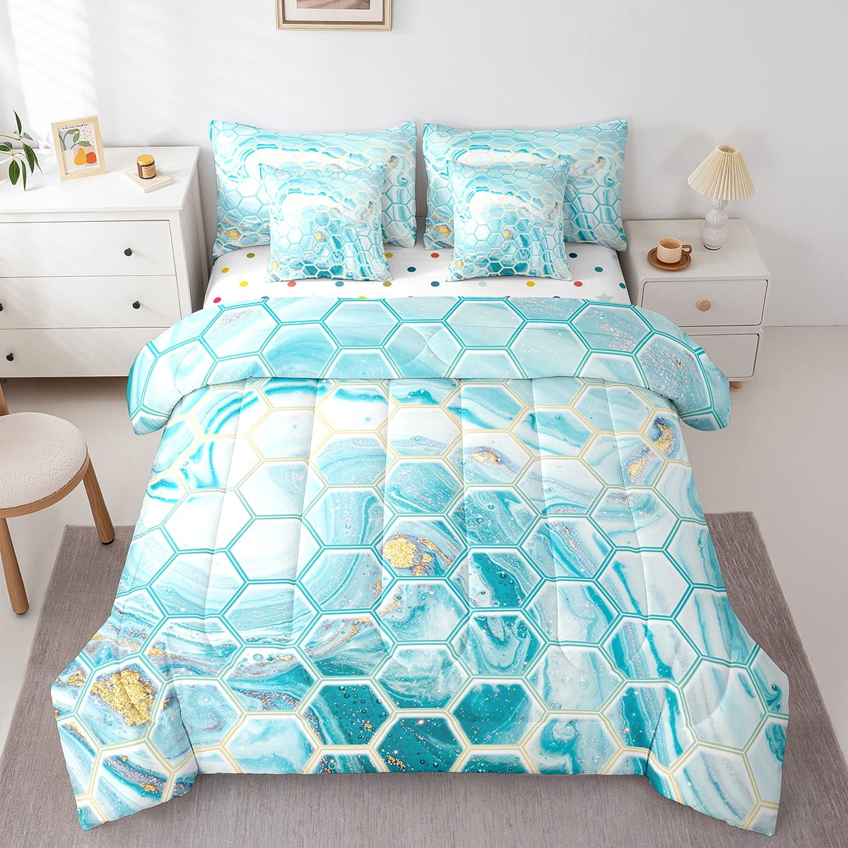 Erosebridal Aqua Blue Marble Bed in a Bag King size, Abstract Honeycomb ...