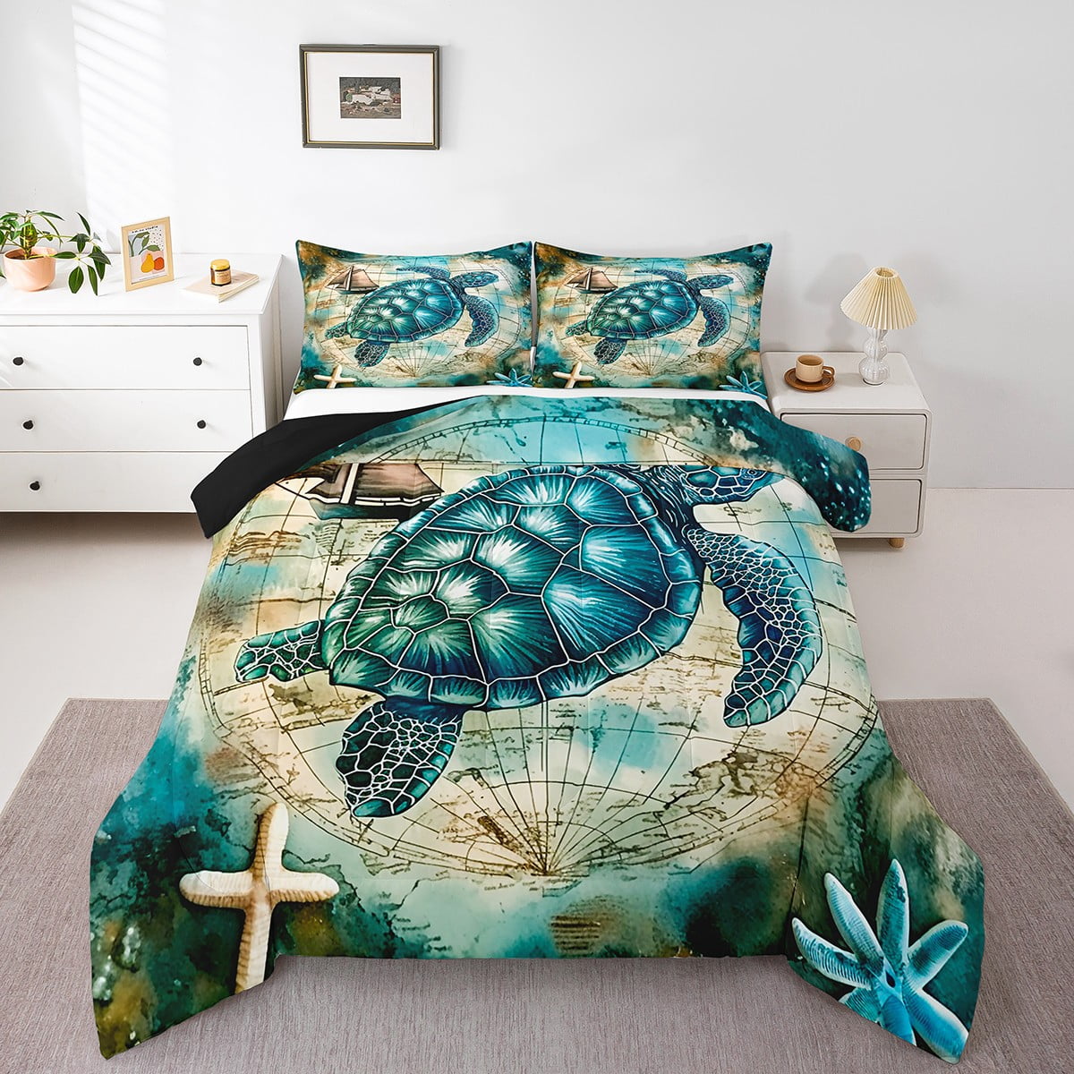 Erosebridal Aqua Sea Turtle Comforter Sets Queen Size, Vintage World ...