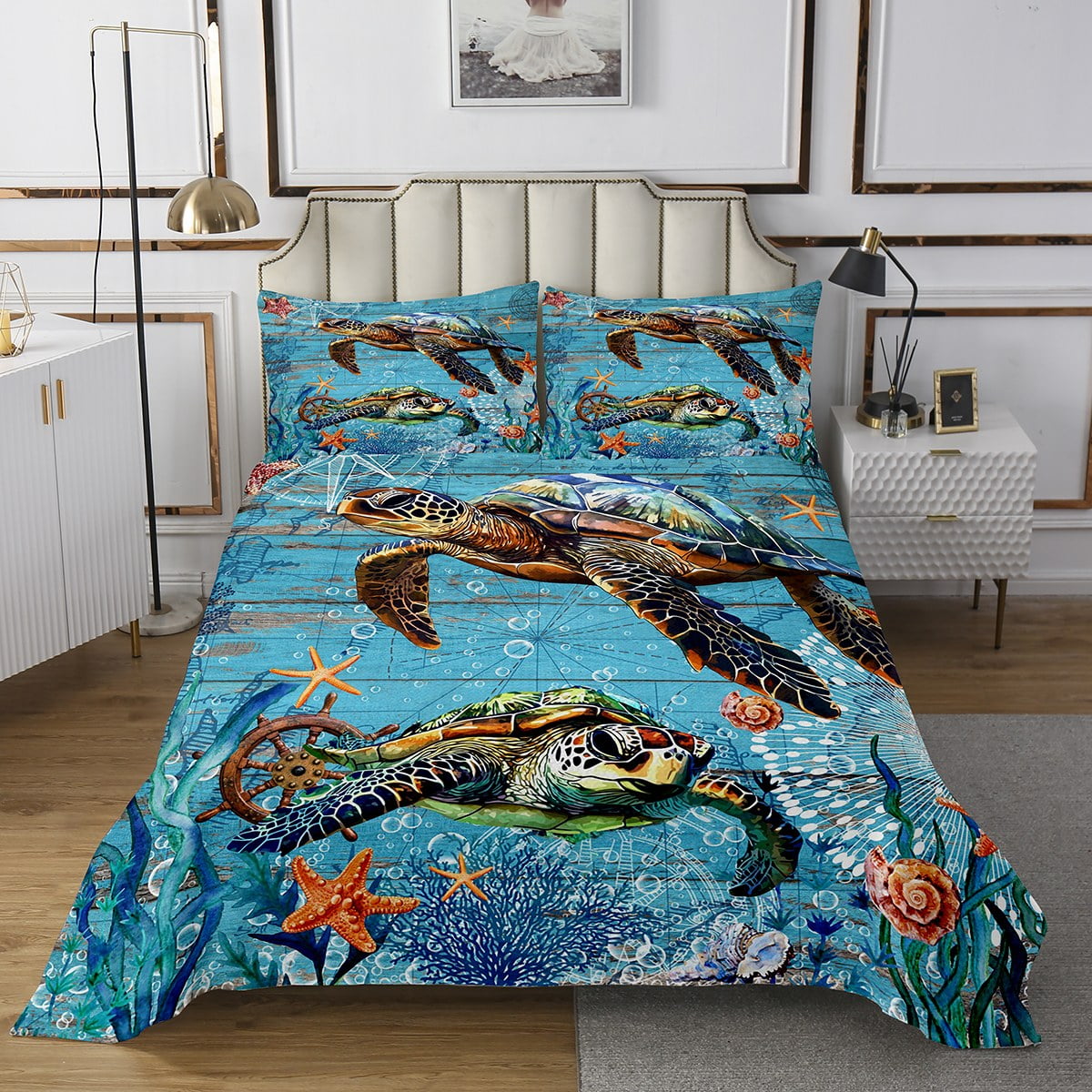 Erosebridal Aqua Sea Turtle Quilt Sets for Queen Size Bed, Underwater ...