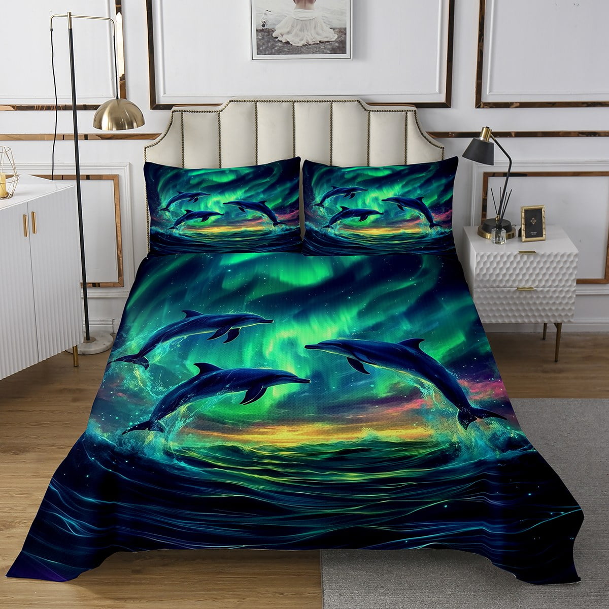 Erosebridal Aurora Dolphin Quilt Set Queen,Ocean Waves Dolphin Bedding ...