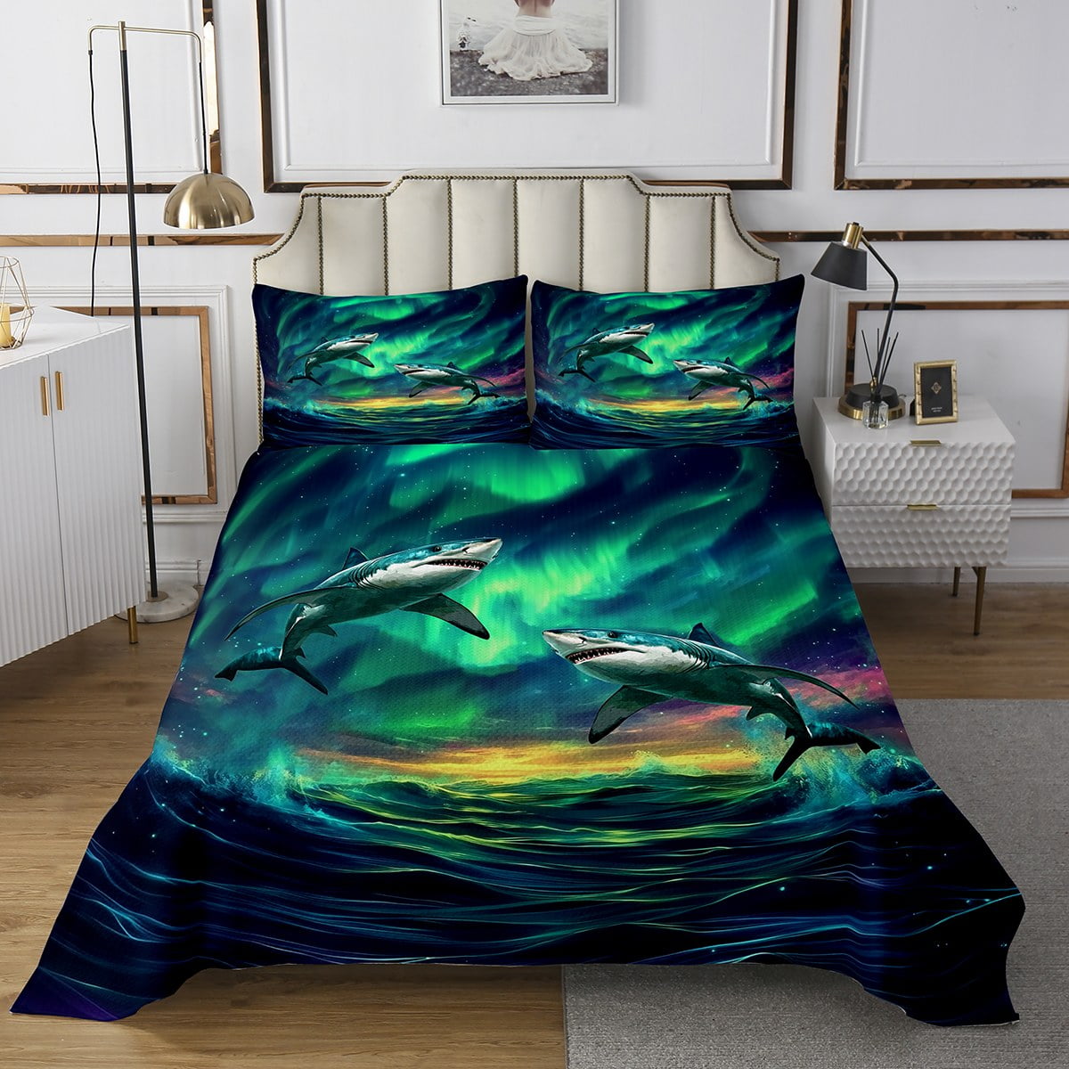 Erosebridal Aurora Shark Quilt Set Queen,Ocean Themed Shark Bedding Set ...