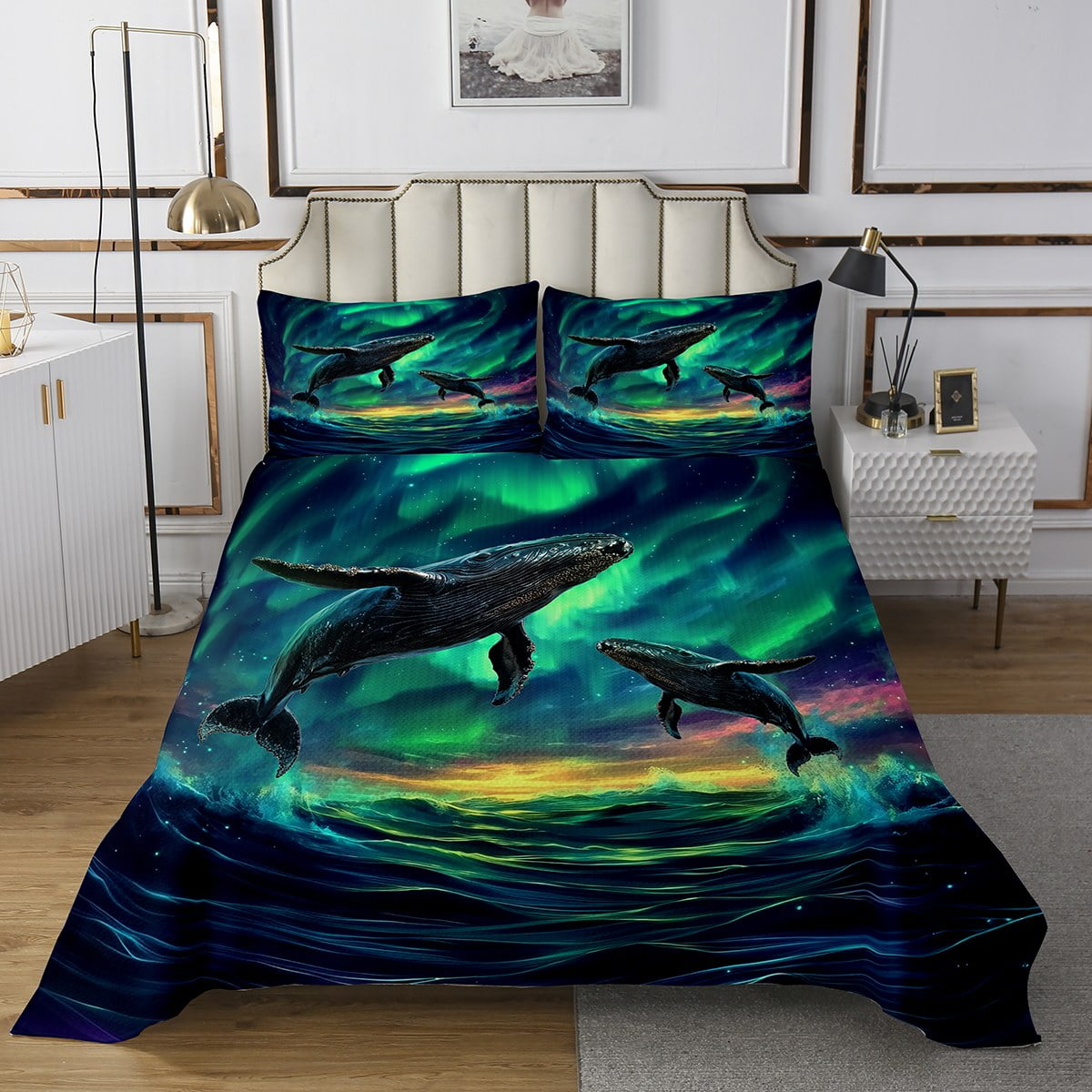 Erosebridal Aurora Whale Bedding Set Twin Size,Ocean Wave Whale Quilt ...