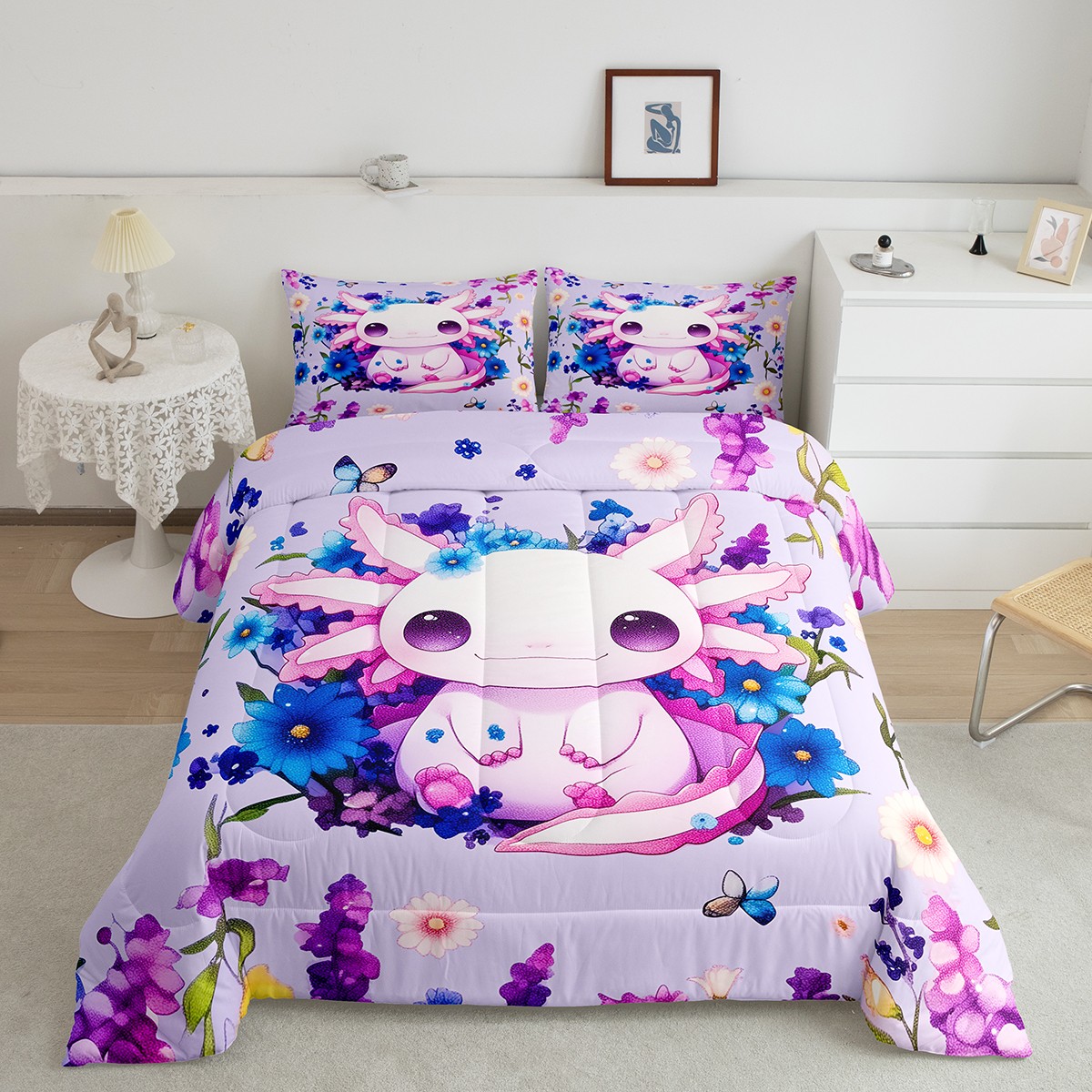 Erosebridal Axolotl Comforter Set Purple Flower Comforter Teens Cute ...