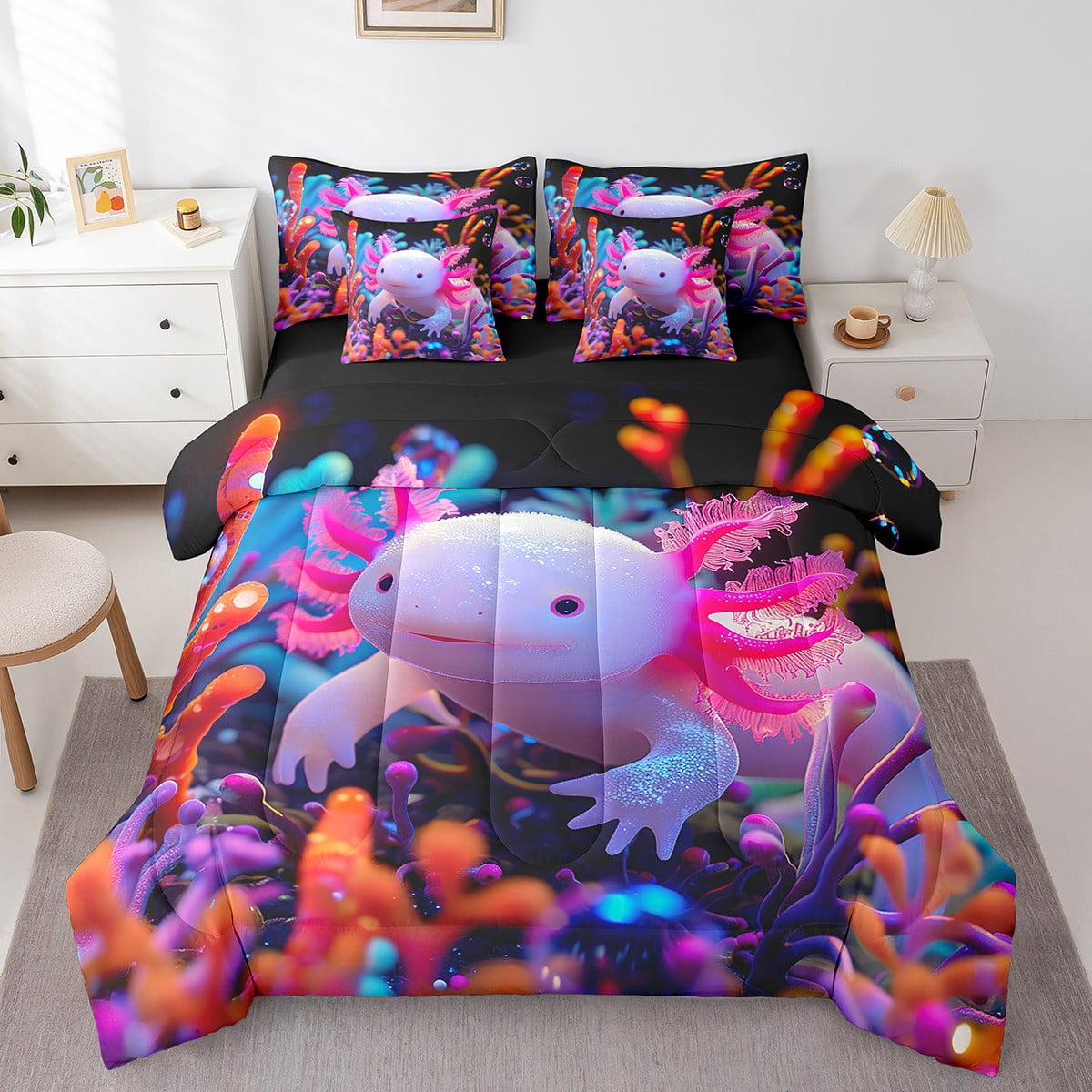 Erosebridal Axolotl Comforter Set Queen 7 Pcs Cute Cartoon Salamander ...