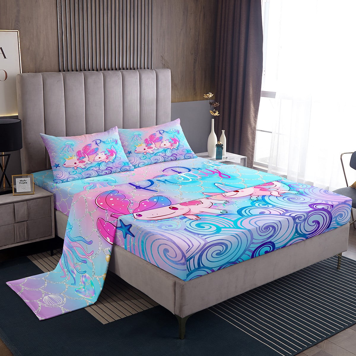 Erosebridal Axolotl Jellyfish Twin Bed Sheets Set,Teal Purple Mermaid ...