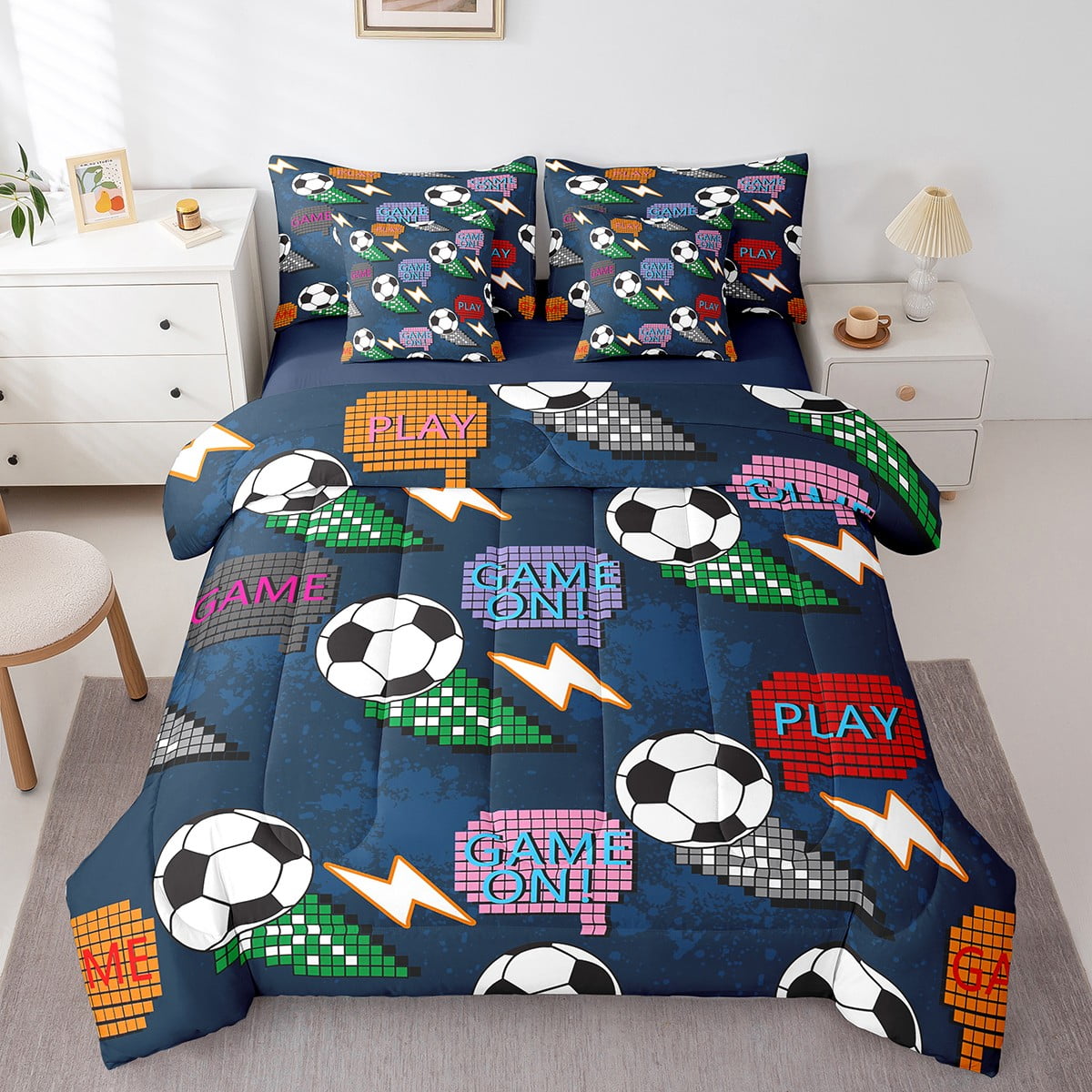 Erosebridal Ball Game Soccer Bedding Queen Size,Checkered Grid ...