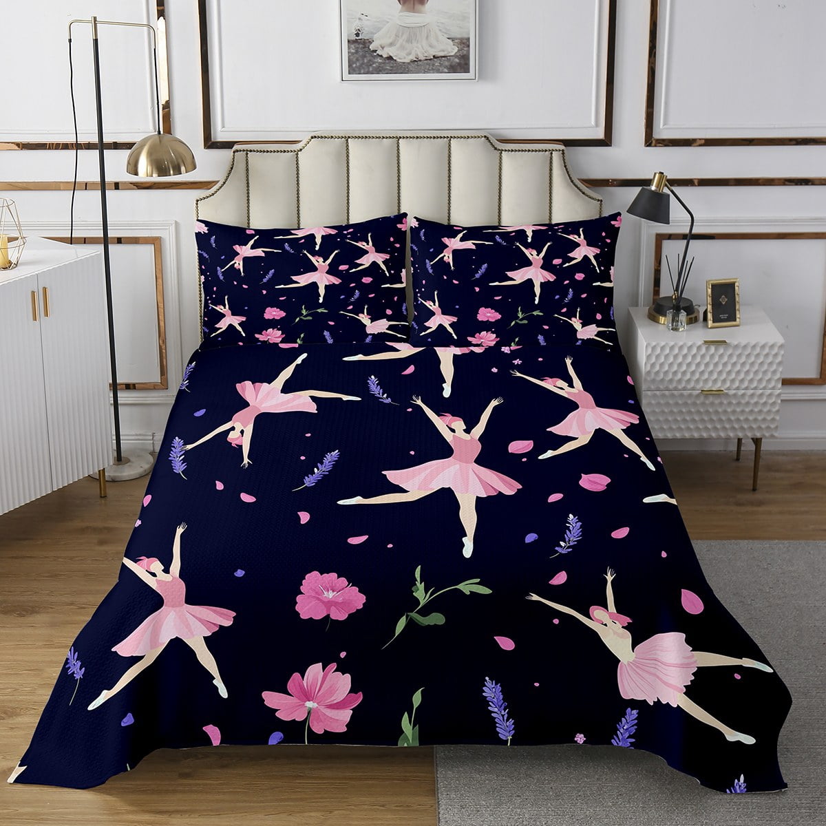 Erosebridal Ballet Dancer Coverlet Set Queen, Pink Flower Bedding Set ...