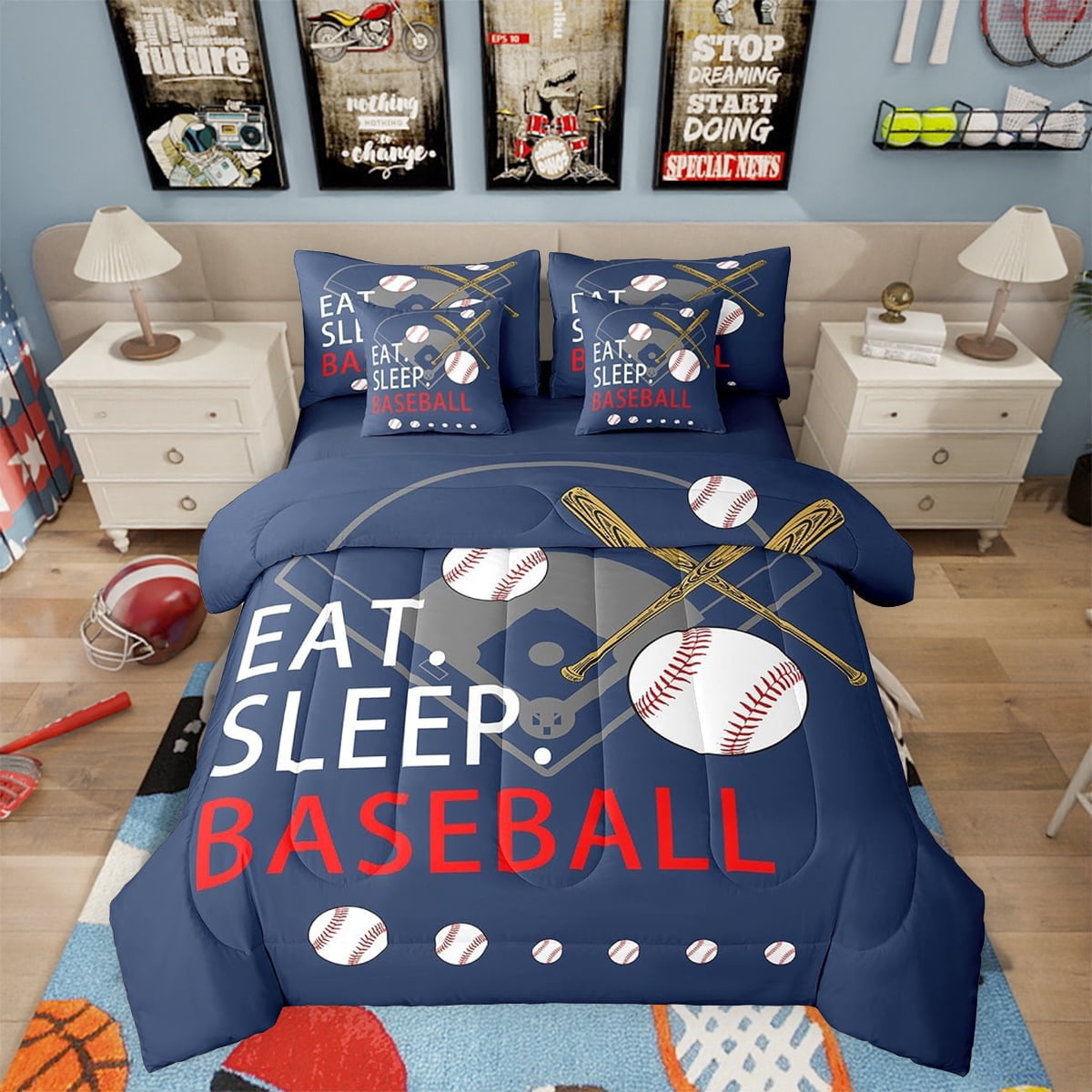 Erosebridal Baseball 7 Piece Bedding Set King Size Softball Comforter ...