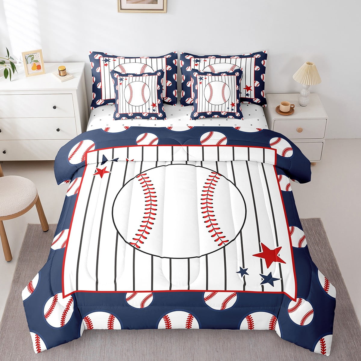 Erosebridal Baseball Bedding Sets Twin Size,Stripes Stars Comforter ...