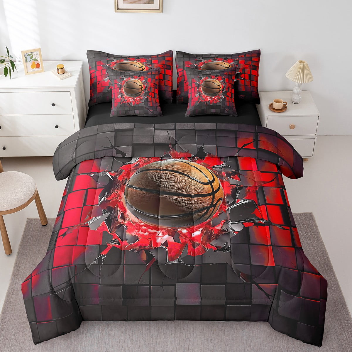 Erosebridal Basketball Bed in a Bag Full size, Red Black Bed Set, Ball ...