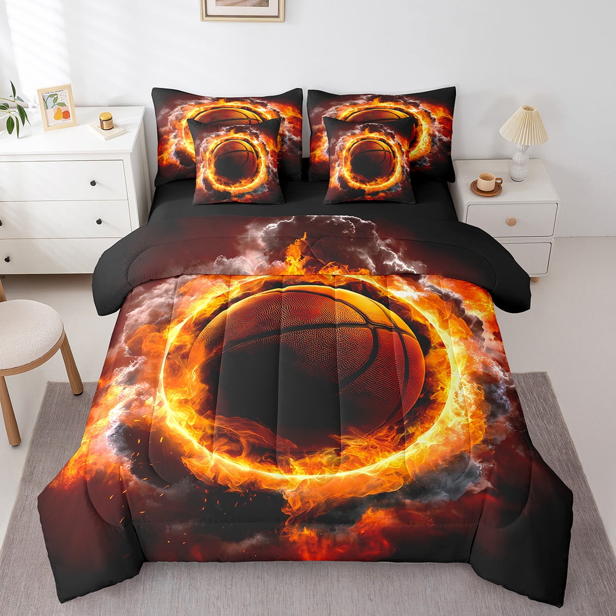Erosebridal Basketball Bedding Sets King Size,Sports Comforter Sets with Sheets,Orange Fire ...
