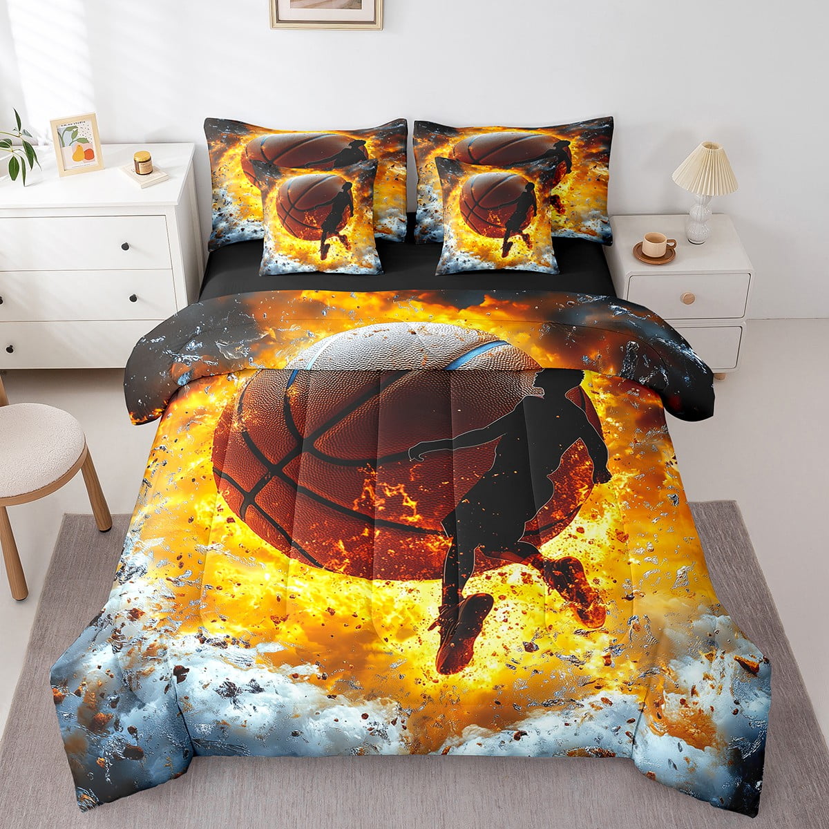 Erosebridal Basketball Print Bedding Full Size, Fire Flame Bed in a Bag ...