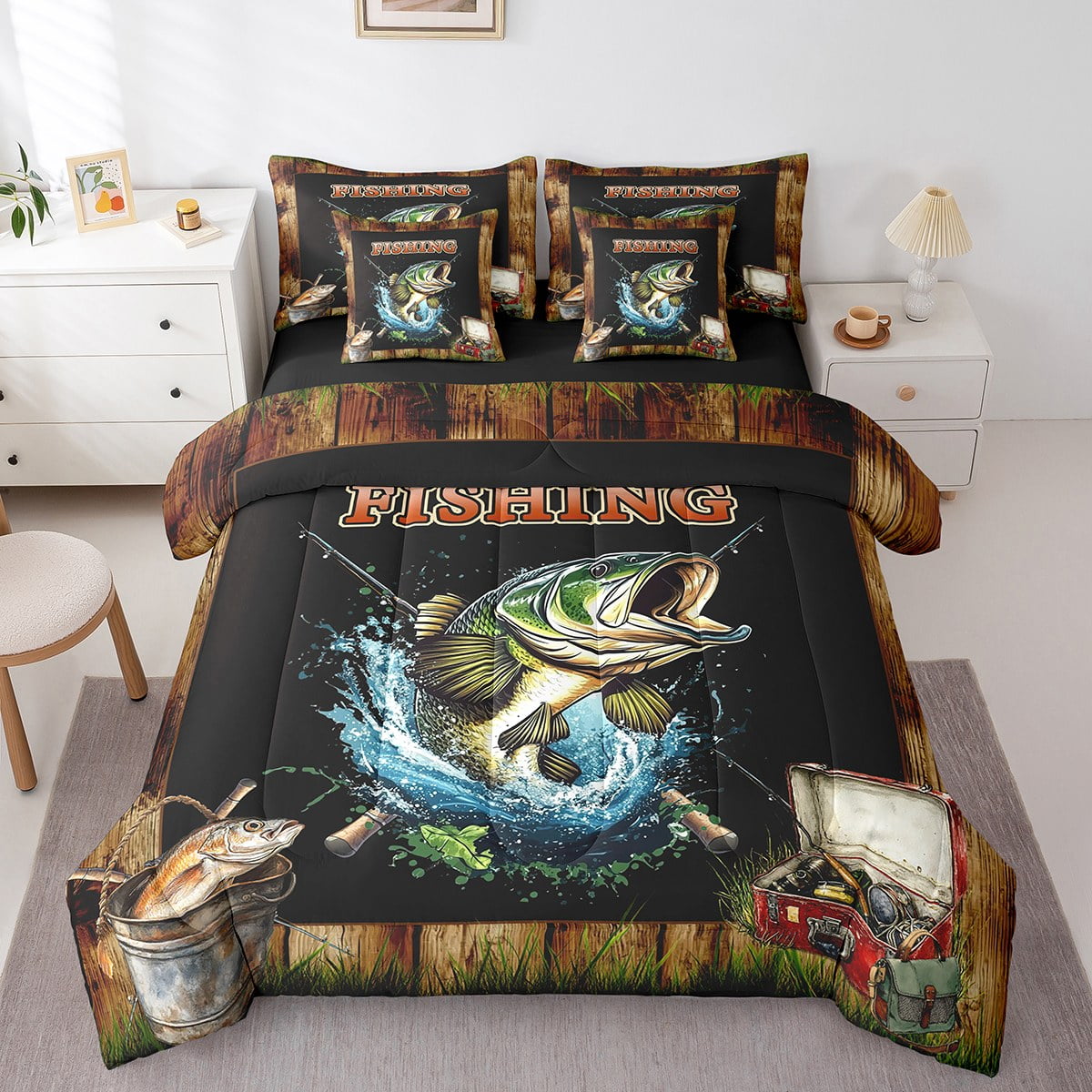 Erosebridal Bass Fish Bedding Sets King Size,Fishing Hunting Bed in a ...