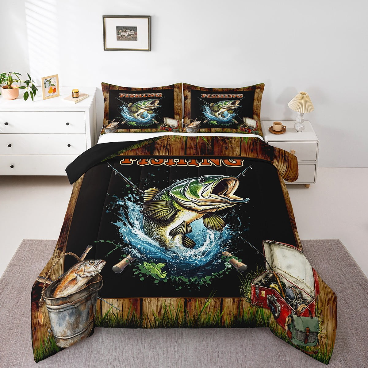Erosebridal Bass Fish Comforter Sets Queen Size,Fishing Hunting Bedding ...