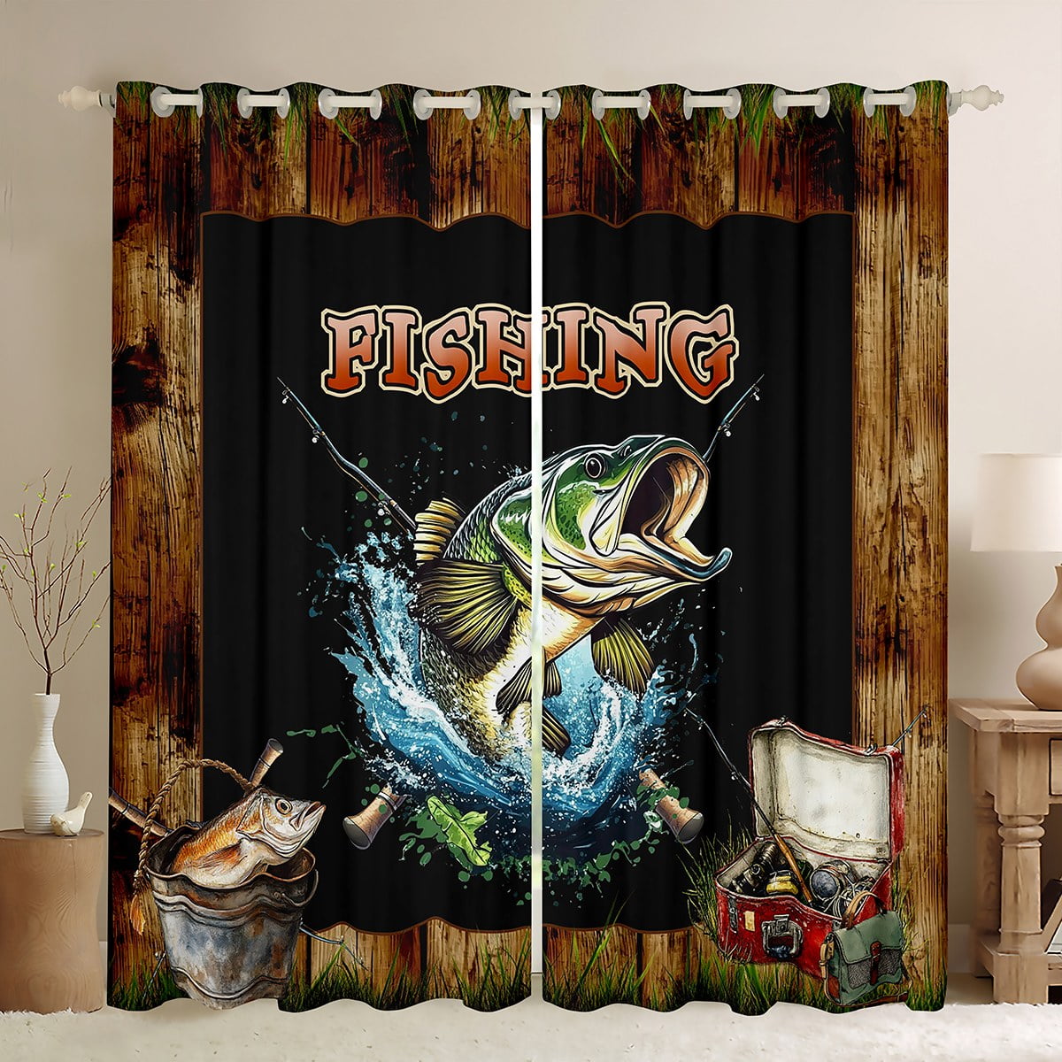 Erosebridal Bass Fish Curtains Pack of 2 (52Wx63L),Fishing Hunting 30% ...