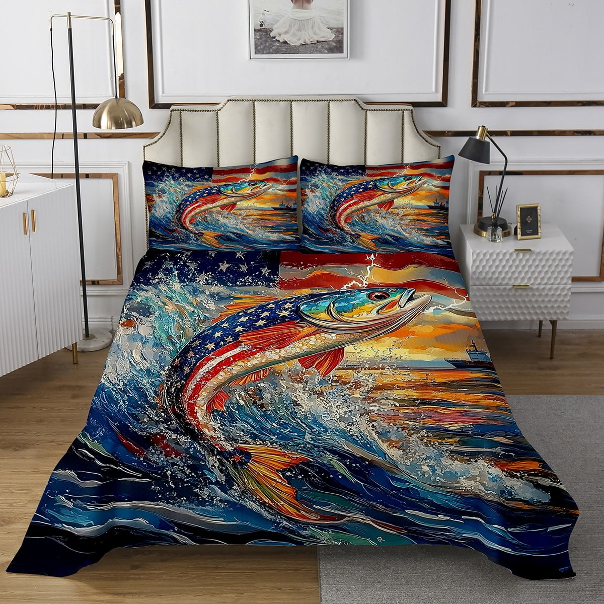Erosebridal Bass Fish Quilt Sets for King Size Bed, Rustic Fishing Bed ...