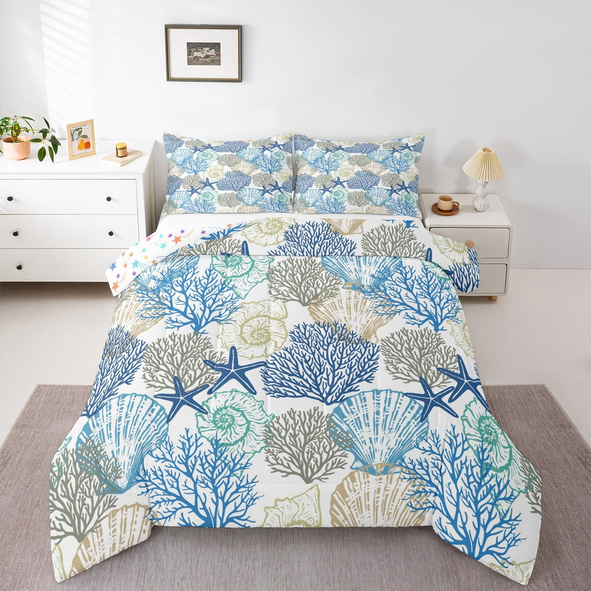 Erosebridal Beach Blue Stars Bedding King Comforter Set,Sea Conch Coral ...