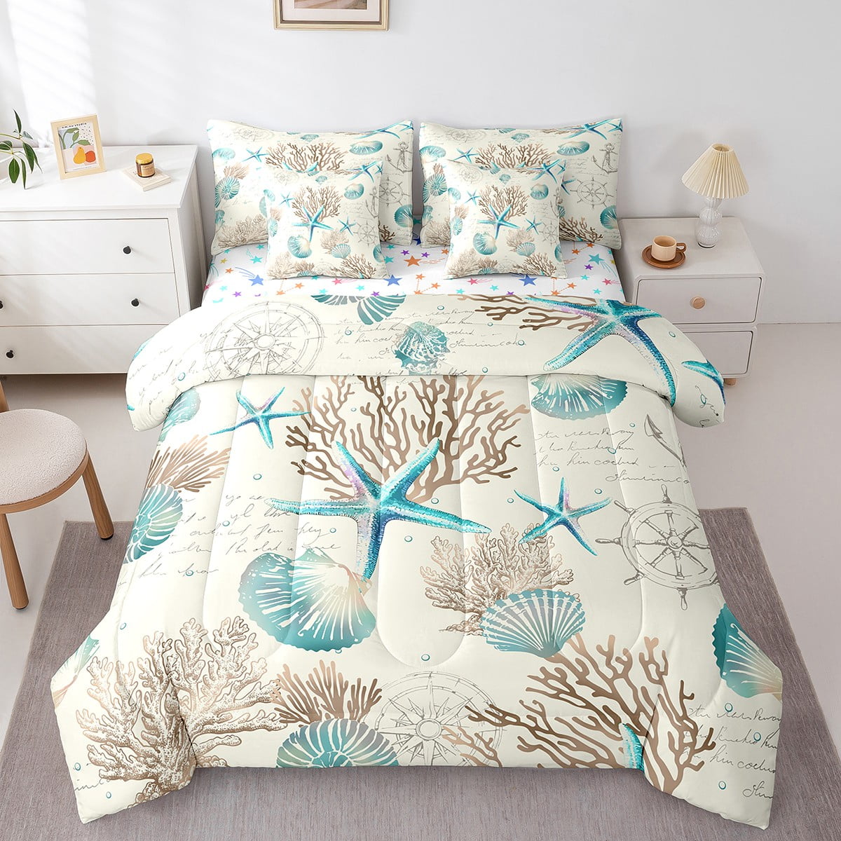 Erosebridal Beach Starfish Seashell Bedding Sets Queen Size, Nautical ...