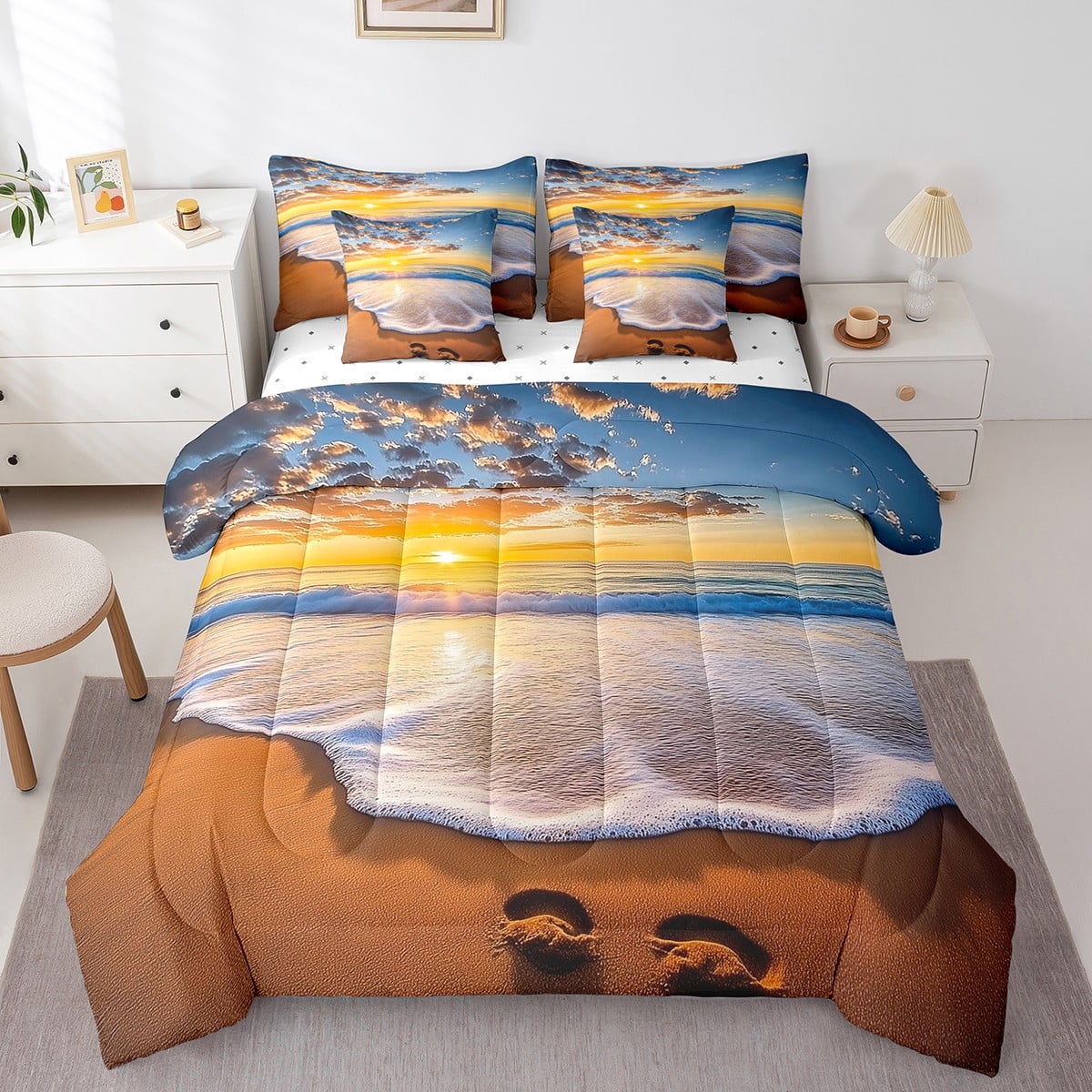 Erosebridal Beach Theme Comforter Set Full Size 7 Pieces Seaside Sunset Ocean Waves Bedding Set ...