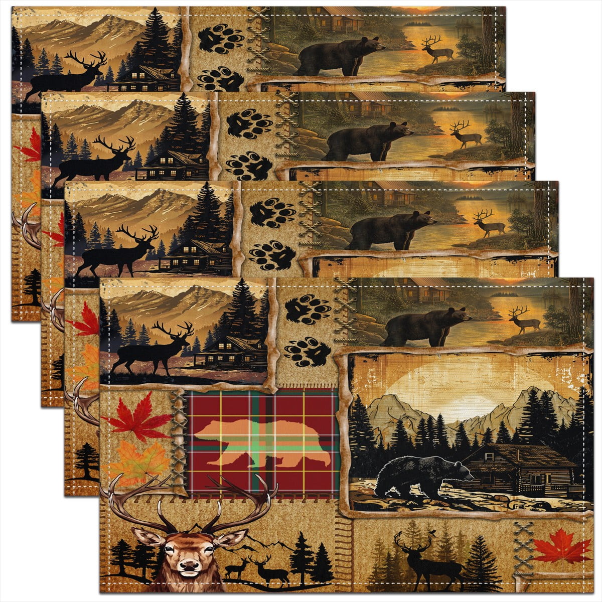 Erosebridal Bear Placemats Set of 4 12"x18" Rustic Cabin Country Table ...