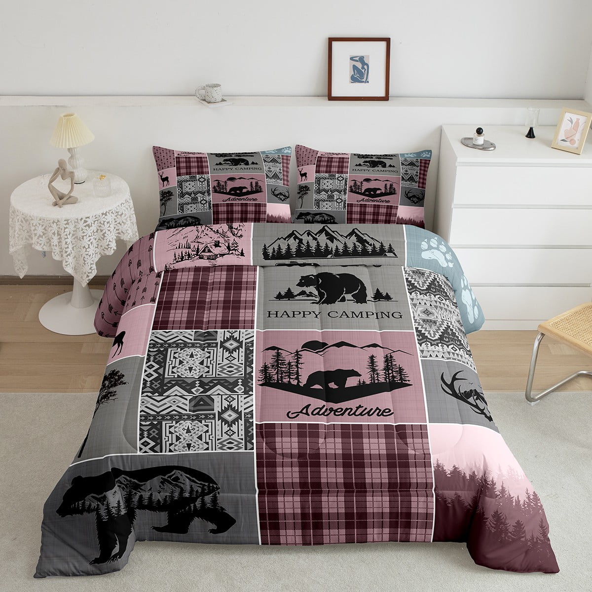 Erosebridal Bear Print Bedding Sets with Comforter, Pink Buffalo ...