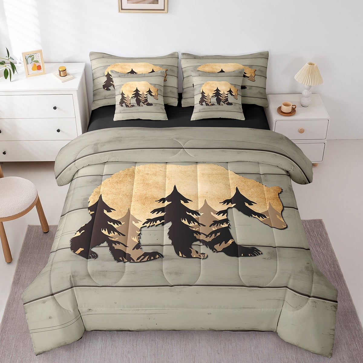 Erosebridal Bear Silhouette Bedding Sets Twin Size,Vintage Wooden Door ...