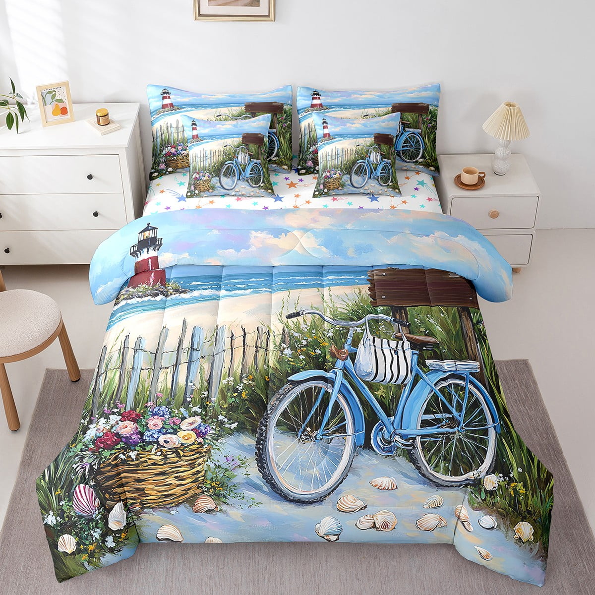 Erosebridal Bicycle Flower Bedding Sets King Size,Seashell Beach Bed in ...