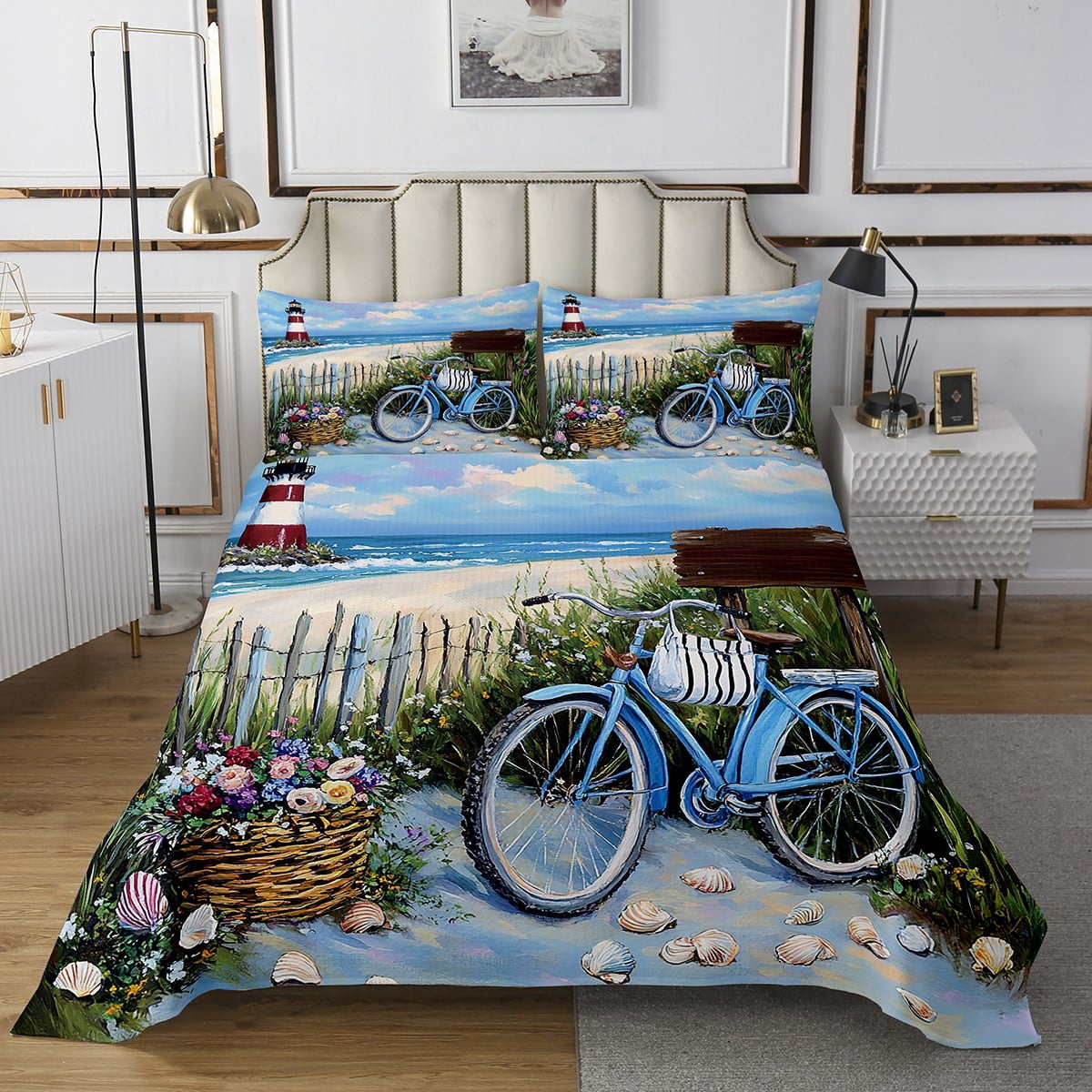 Erosebridal Bicycle Flower Quilt Sets for Queen Size Bed,Seashell Beach ...