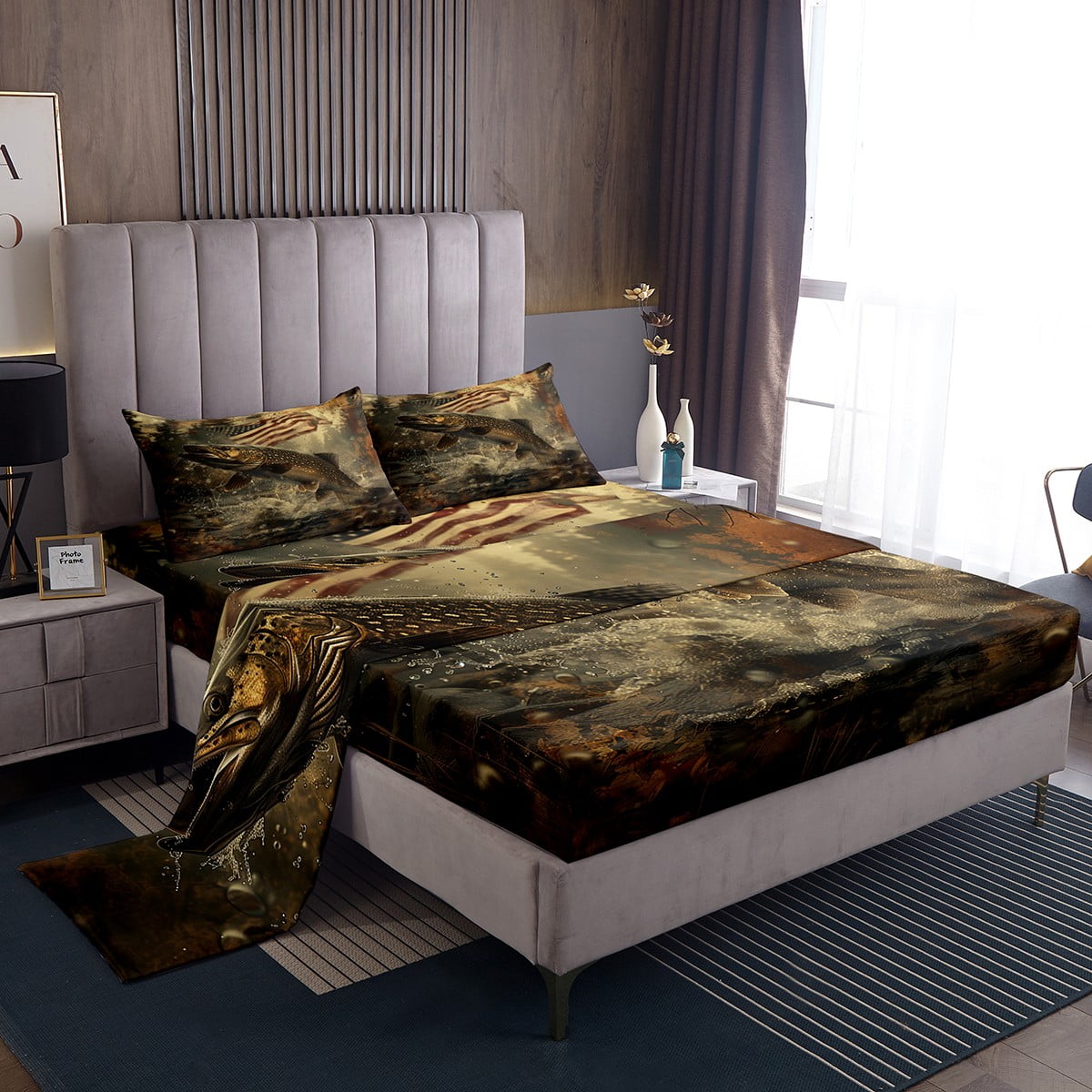 Erosebridal Big Bass Fish Hunting Sheet Set,American Flag Bed Sheets Set Queen,Marine Life Ocean ...