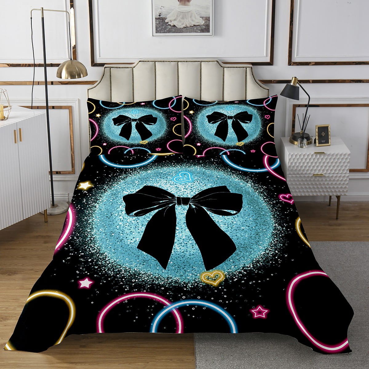 Erosebridal Black Bow Quilt Sets for King Size Bed,Blue Disco Ball Bed ...