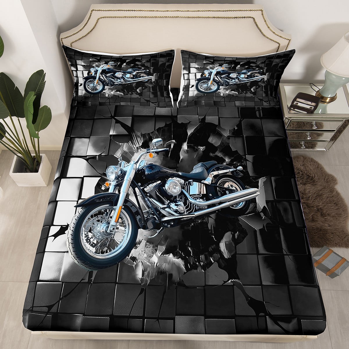 Erosebridal Black Dirt Bike Fitted Sheet Full,Geometric Plaid Bedding ...