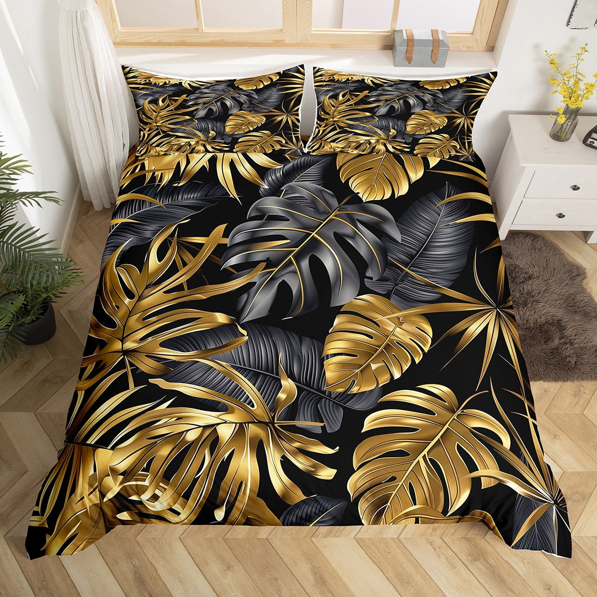 Erosebridal Black Gold Leaves Duvet Cover Full,Botanical Palm Tree ...