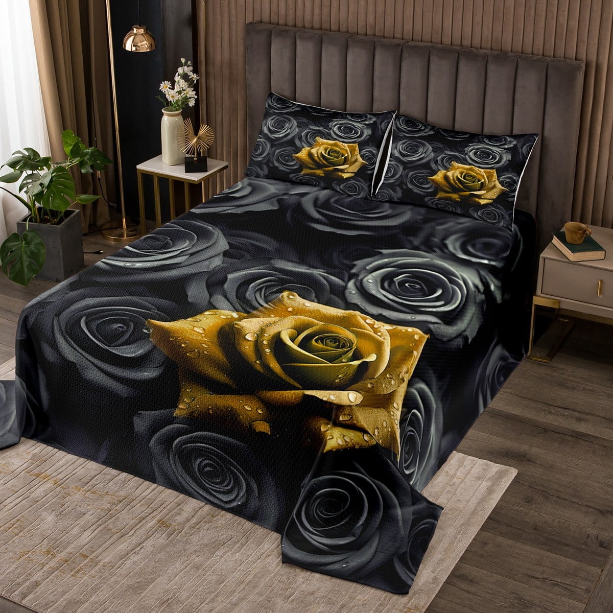 Erosebridal Black and Gold Rose Bedspread Queen Romantic Flowers Quilt ...