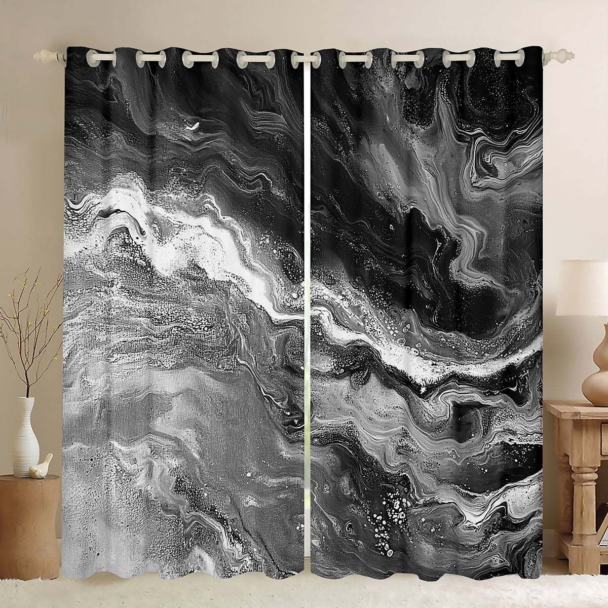 Erosebridal Black Grey Marble Curtains for Living Room, Contemporary ...