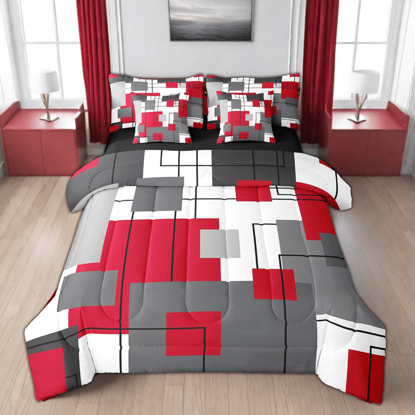 Erosebridal Black Grey Red Comforter Set 7 Piece Twin Geometry Square ...