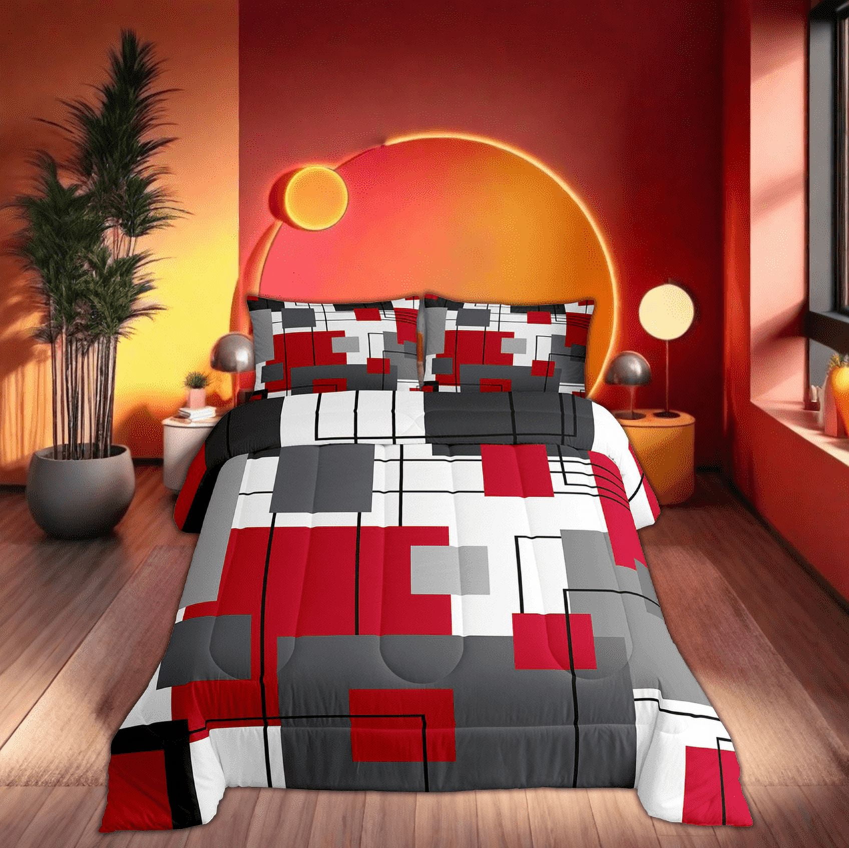 Erosebridal Black Grey Red Comforter Set King Geometry Square Bedding ...