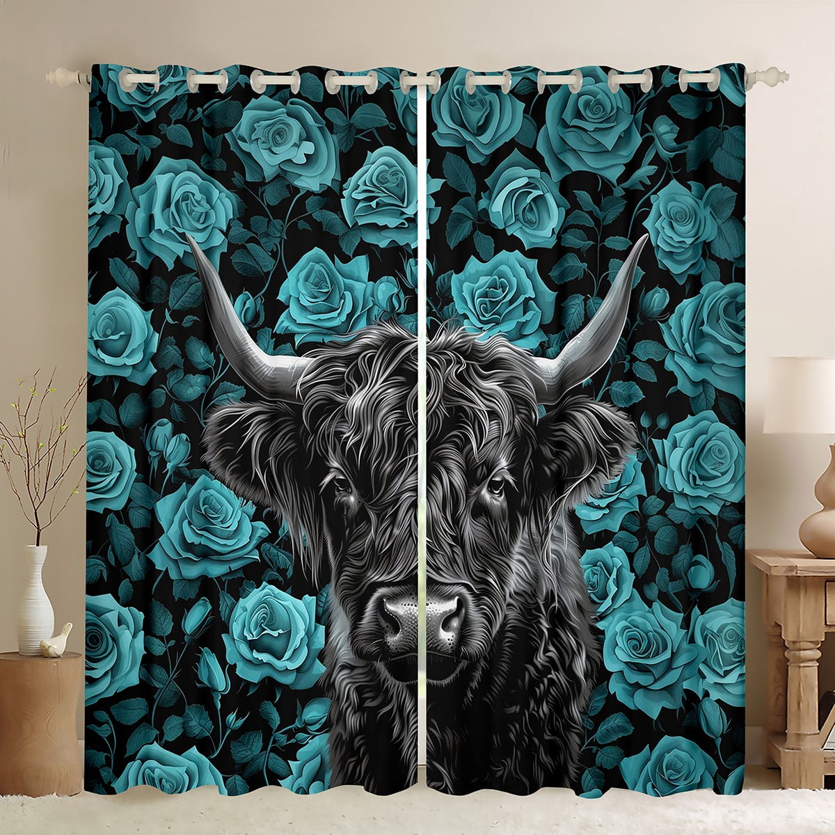 Erosebridal Black Highland Cattle Curtains Pack of 2 (38x45),Cyan Rose ...
