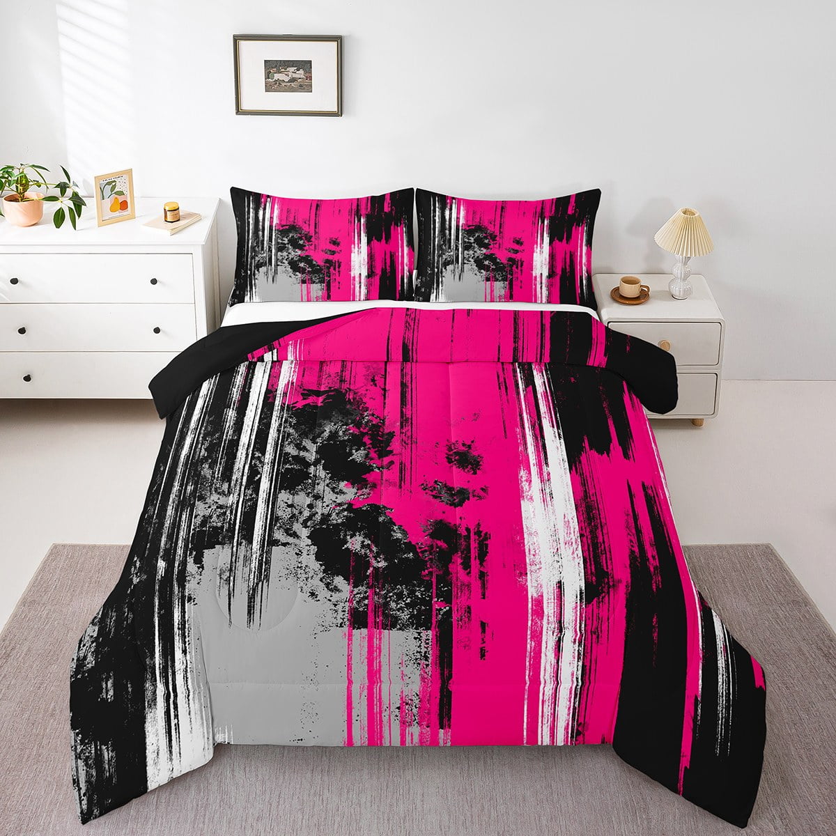 Erosebridal Black Hot Pink Gray Bedding Sets Queen with Comforter ...