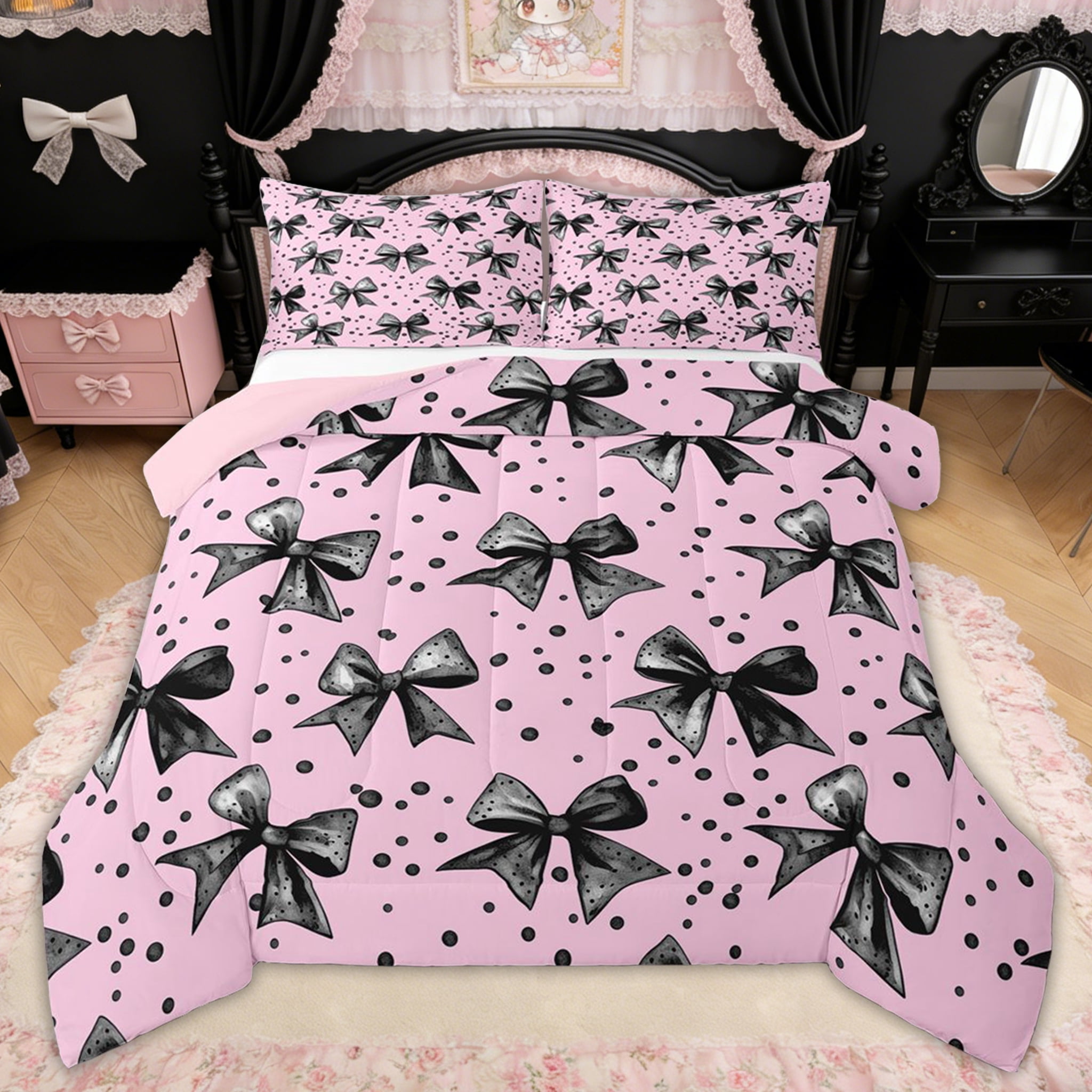 Erosebridal Black Pink Polkadots Bow Full Size Comforter Sets for Girls ...