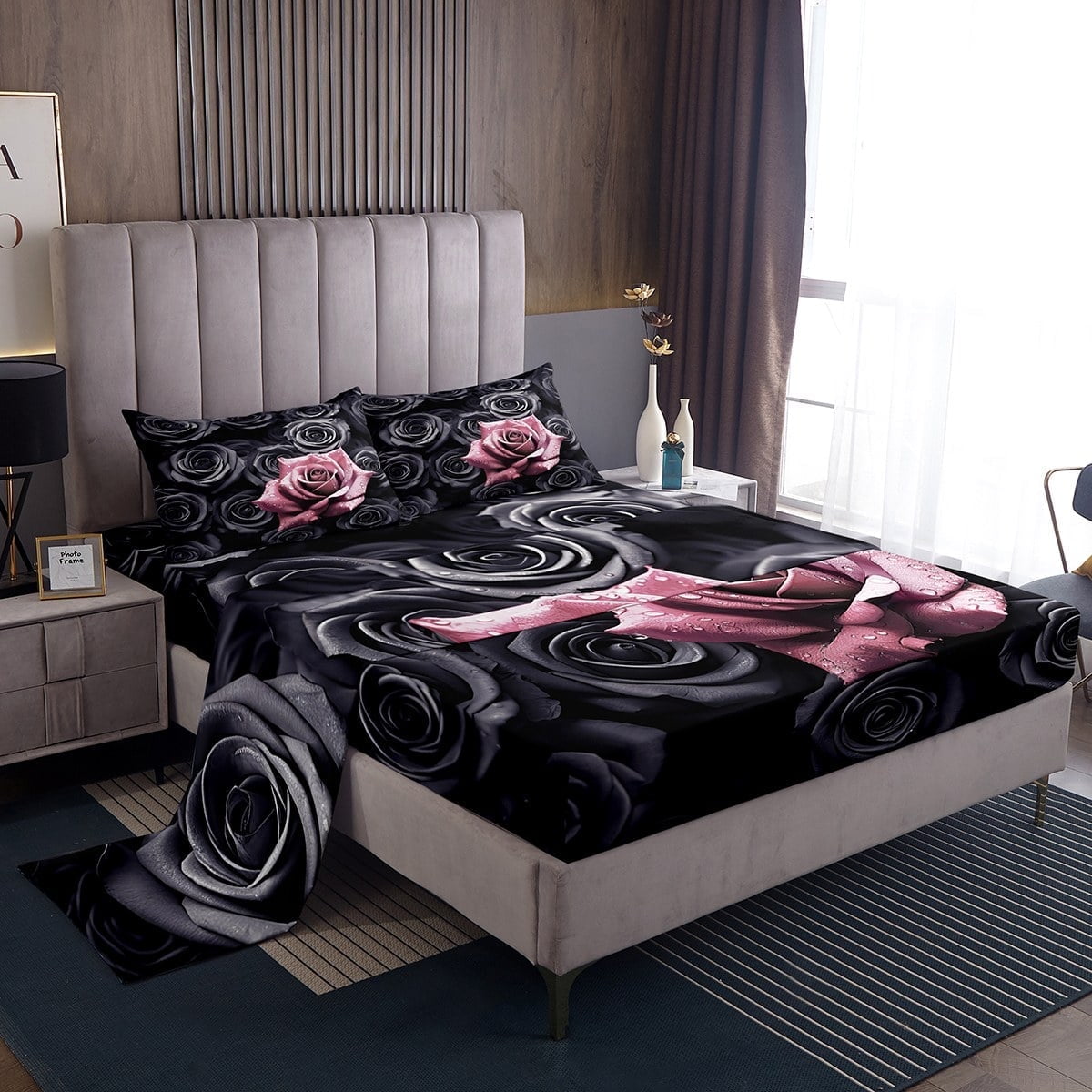 Erosebridal Black and Pink Rose Bed Sheets Queen Romantic Flowers Sheet ...
