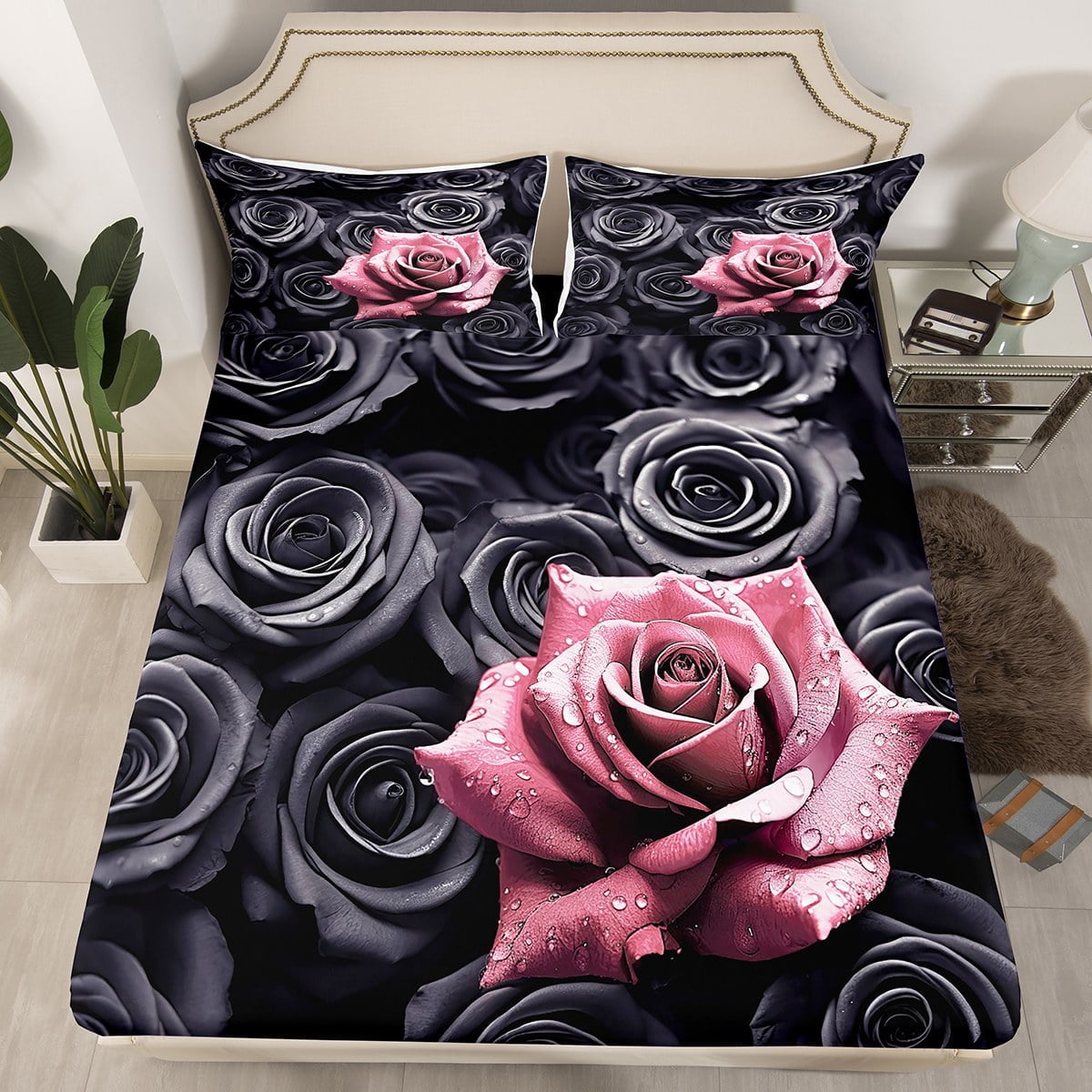 Erosebridal Black and Pink Rose Fitted Sheet Queen Romantic Flowers ...