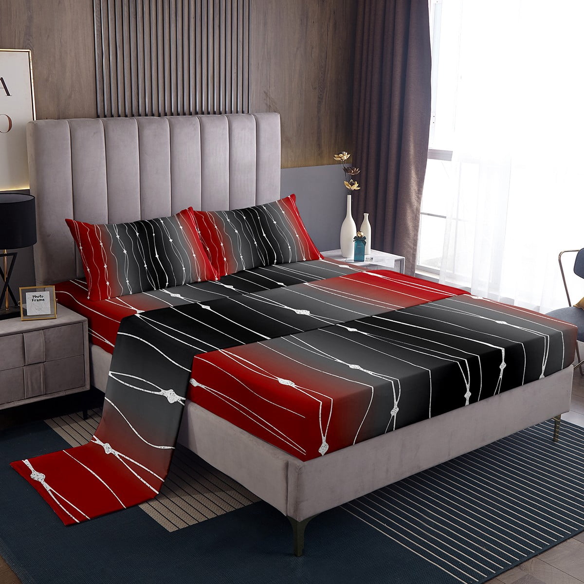 Erosebridal Black and Red Watercolor Twin Sheet Set Wave Stripe and ...