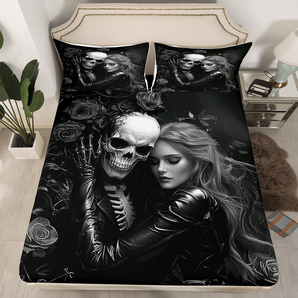 Erosebridal Black Valentines Day Queen Fitted Sheet,3D Sugar Kiss Skull ...