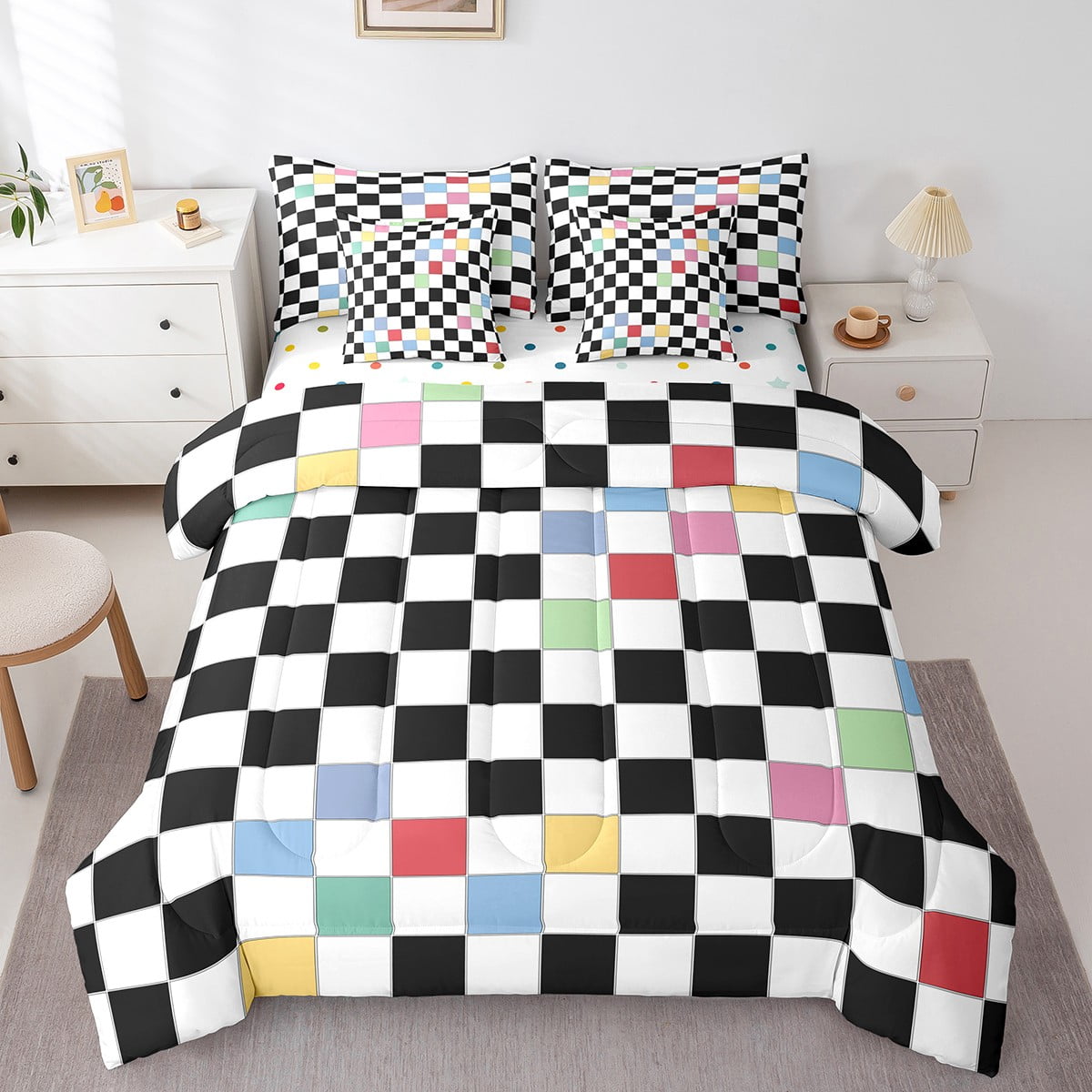 Erosebridal Black White Checkered Bedding Set Full 7 Piece Colorful ...