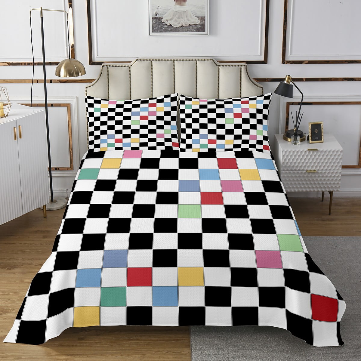 Erosebridal Black White Checkered Quilt Set King Colorful Checkerboard ...
